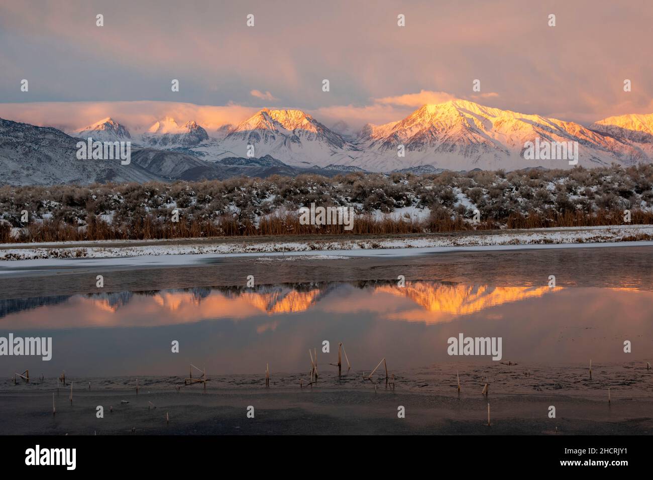 The Eastern Sierra peaks above Bishop, Inyo County, CA, USA light up ...