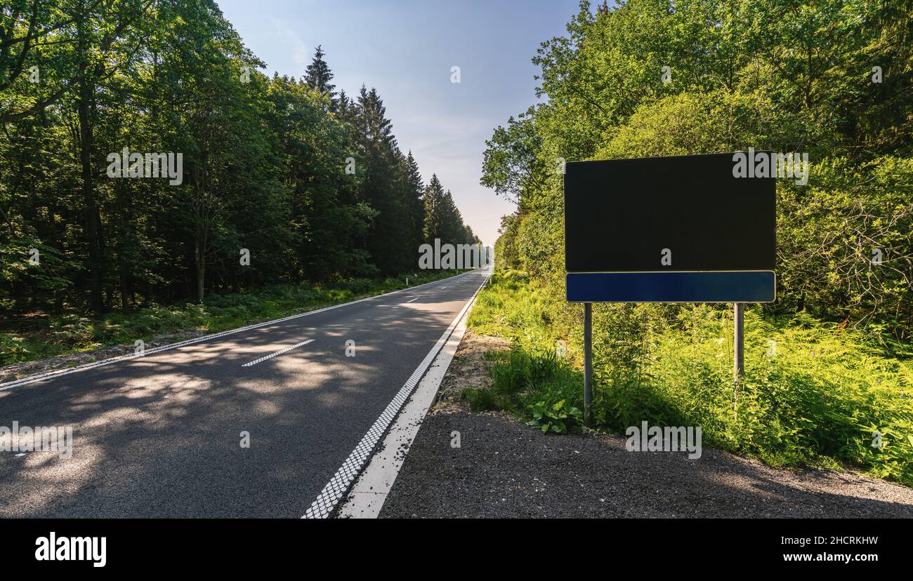 Blank Road Sign at the street in to the woods, copyspace for your ...