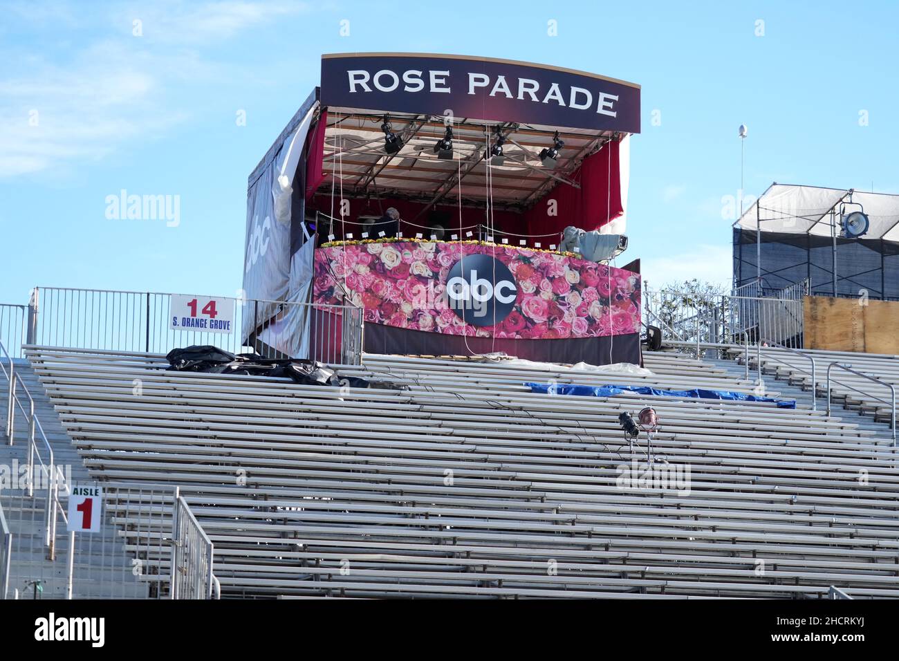 The ABC broadcasting booth is seen prior to the 2022 Rose Parade ...