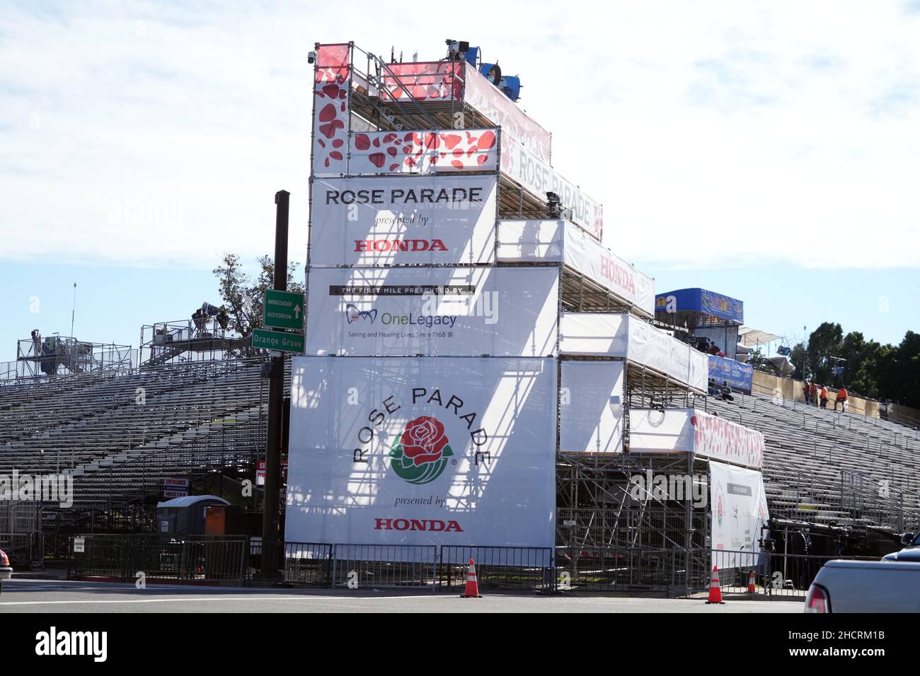 Grandstands and bleacher seating is seen prior to the 2022 Rose Parade ...