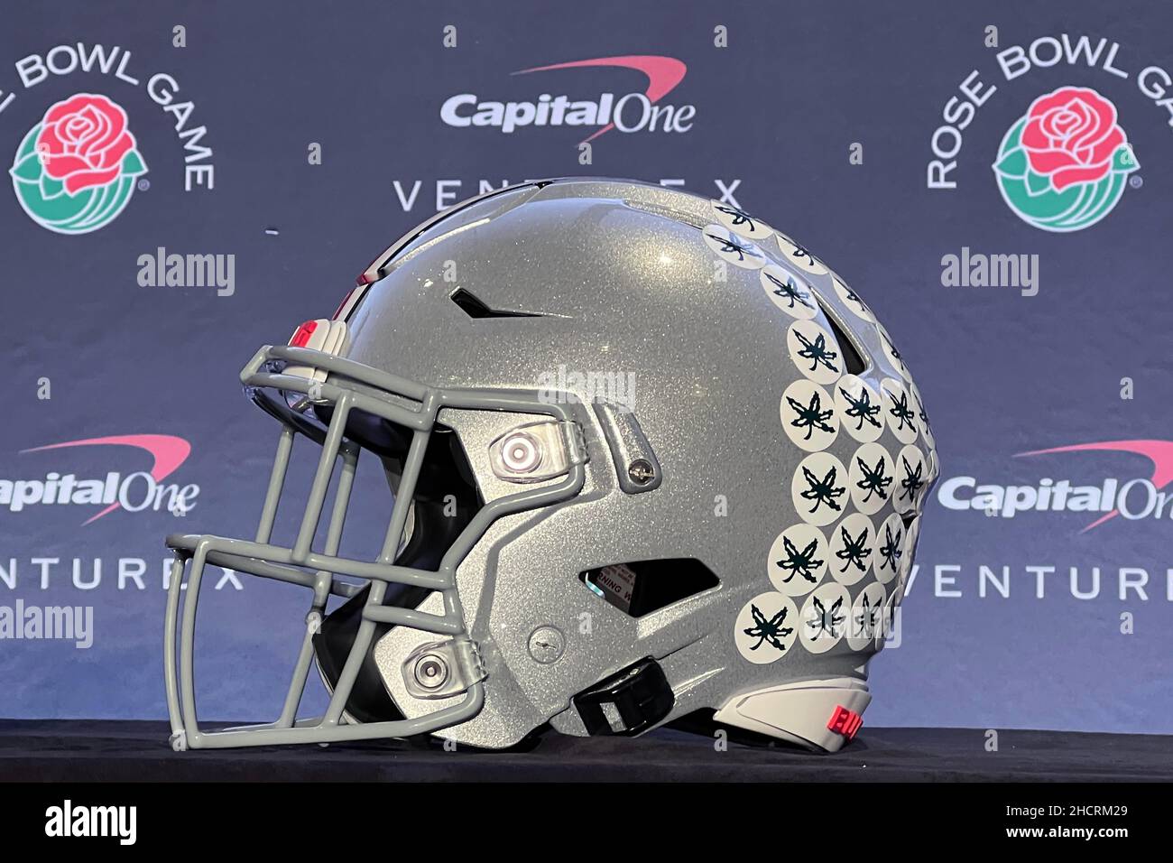 A detailed view of a Ohio State Buckeyes helmet on display at a Rose ...