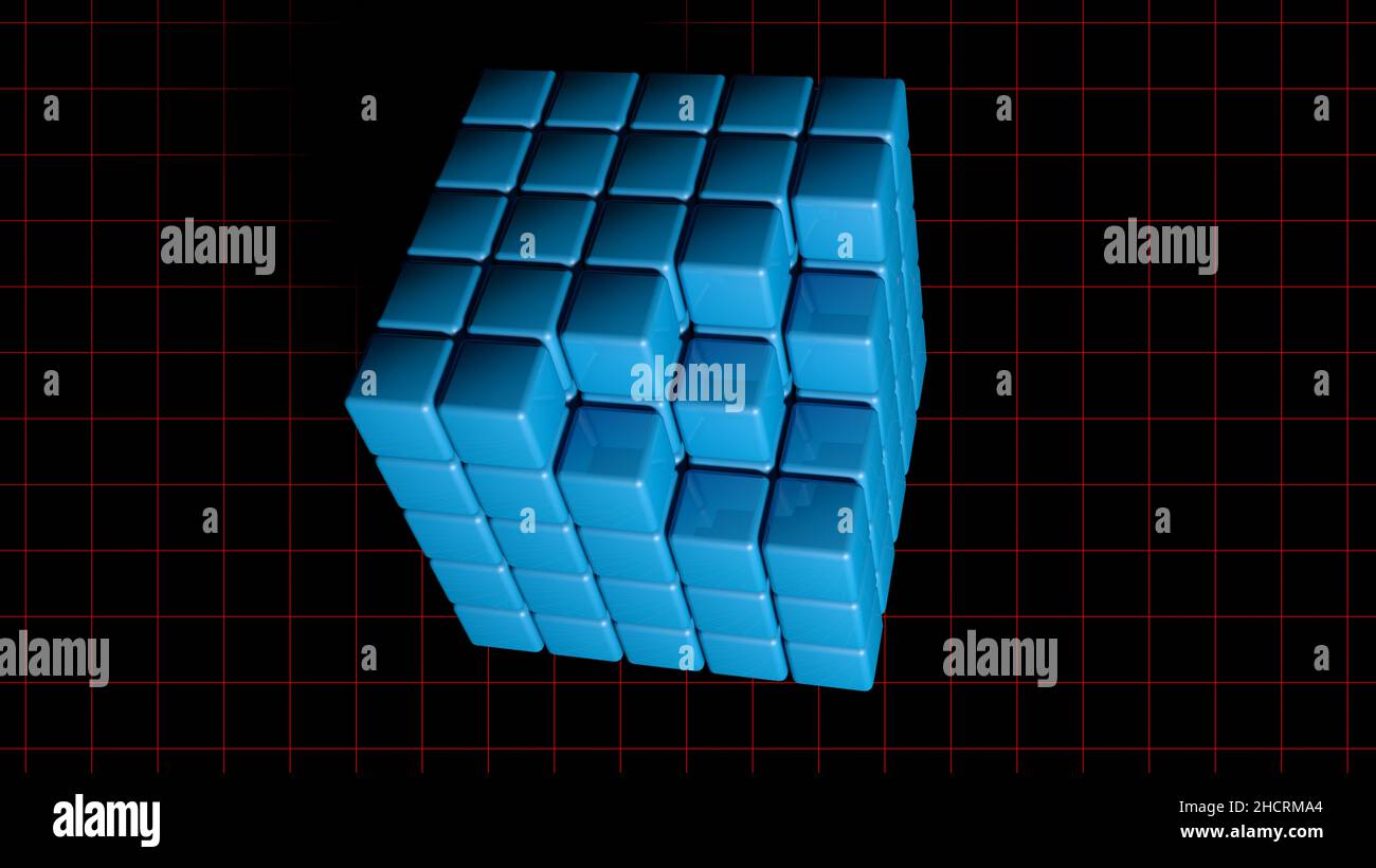 blue composite cube on black background with red grid - 3D rendering ...