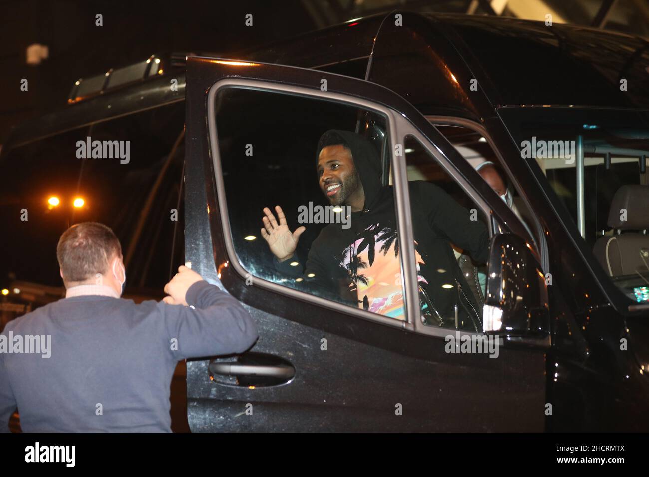 Jason Derulo is seen in a car saying hi to people after arriving at ...