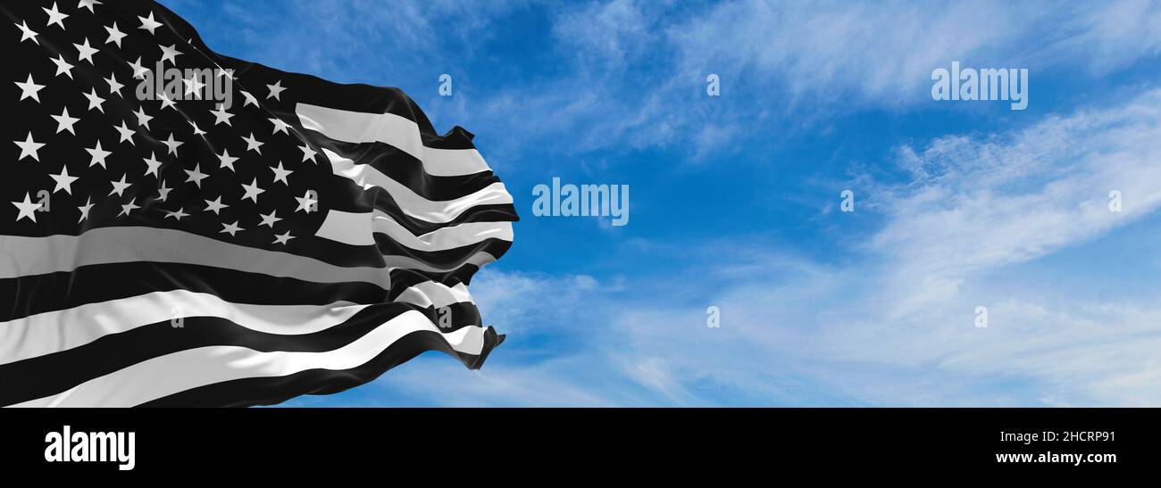 Thin Silver Line USA flag waving at cloudy sky background on sunset ...