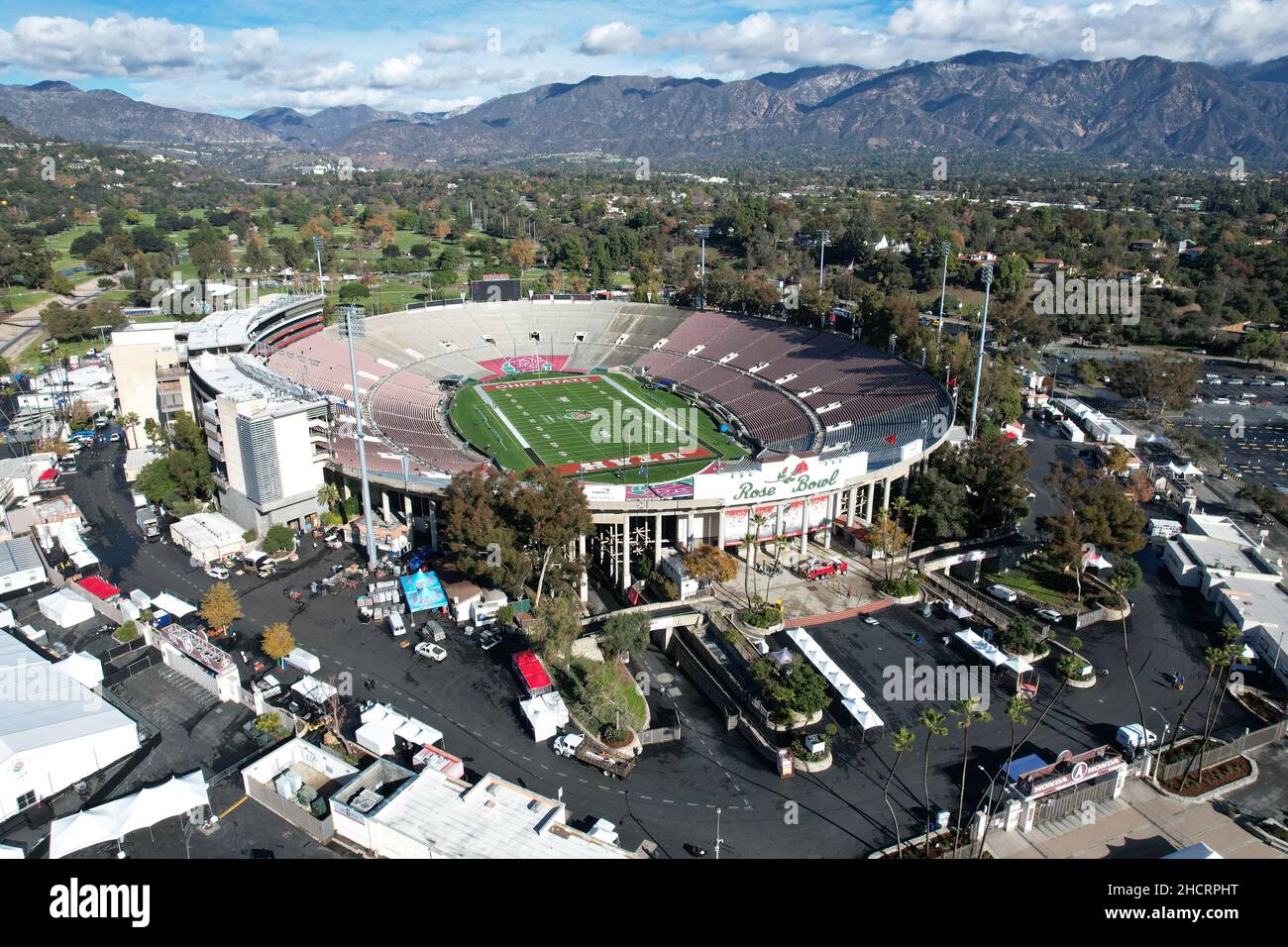 An aerial view of the Rose Bowl Stadium and San Gabriel Mountains ...
