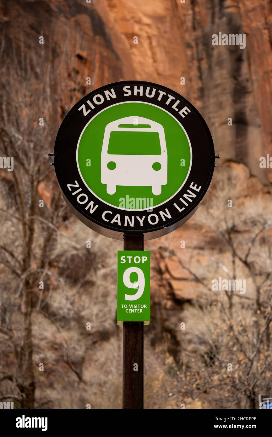 Zion Shuttle Sign At Stop Nine along the canyon drive Stock Photo - Alamy
