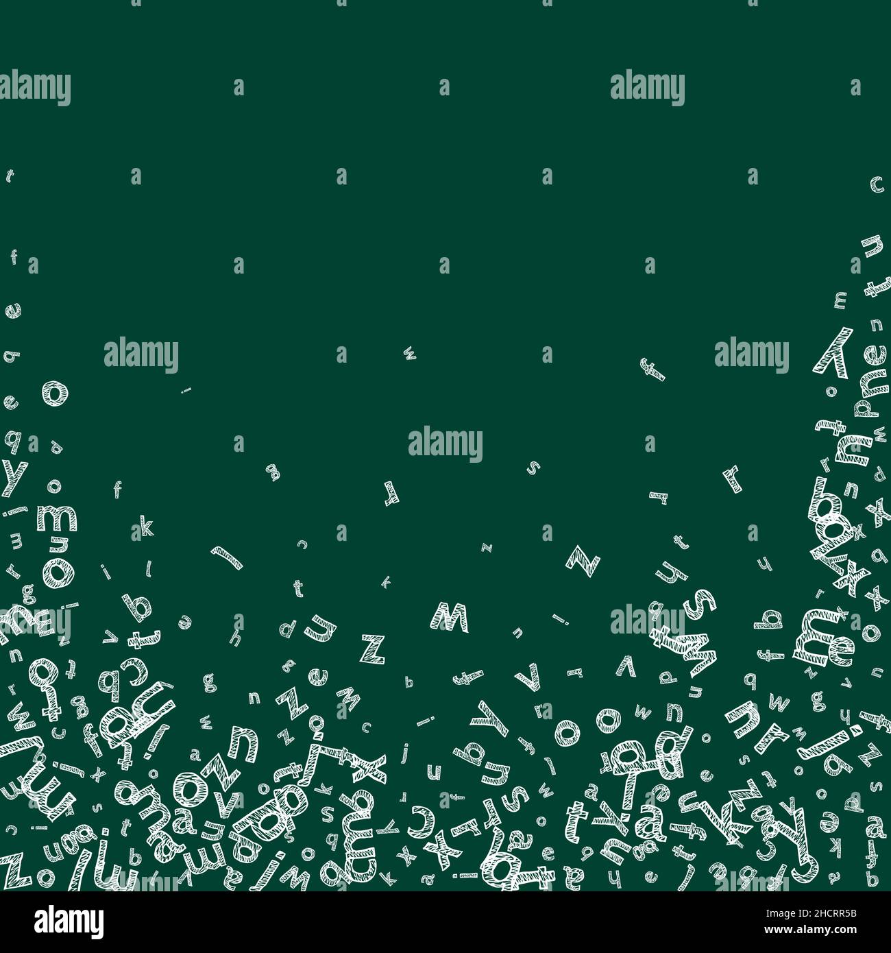 Falling letters of English language. Sketch chalk flying words of Latin ...