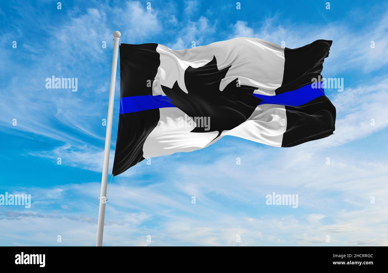 Thin Blue Line, Canada flag waving at cloudy sky background on sunset ...
