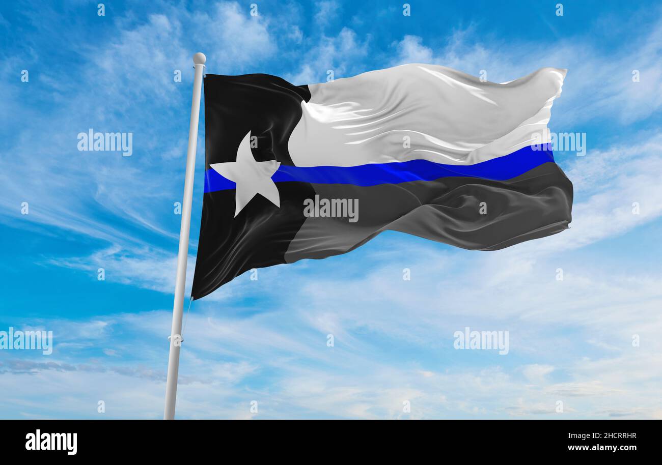 Thin Blue Line USA Texas flag waving at cloudy sky background on sunset ...