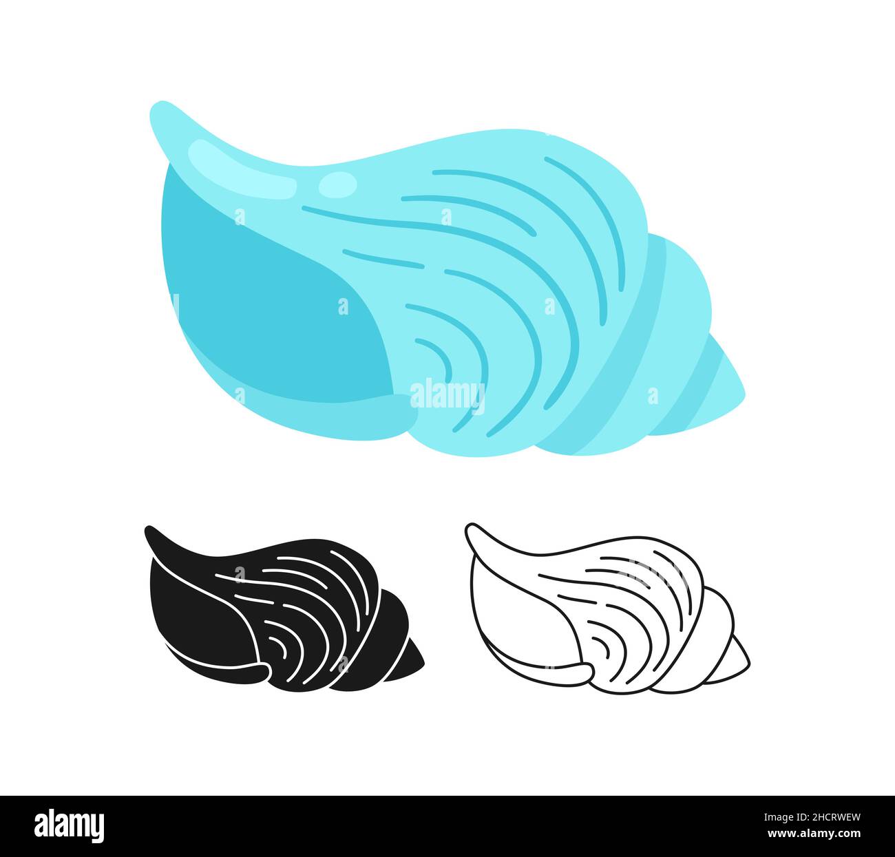 Seashell marine ocean sign cartoon or stamp, doodle outline set. Spiral ...