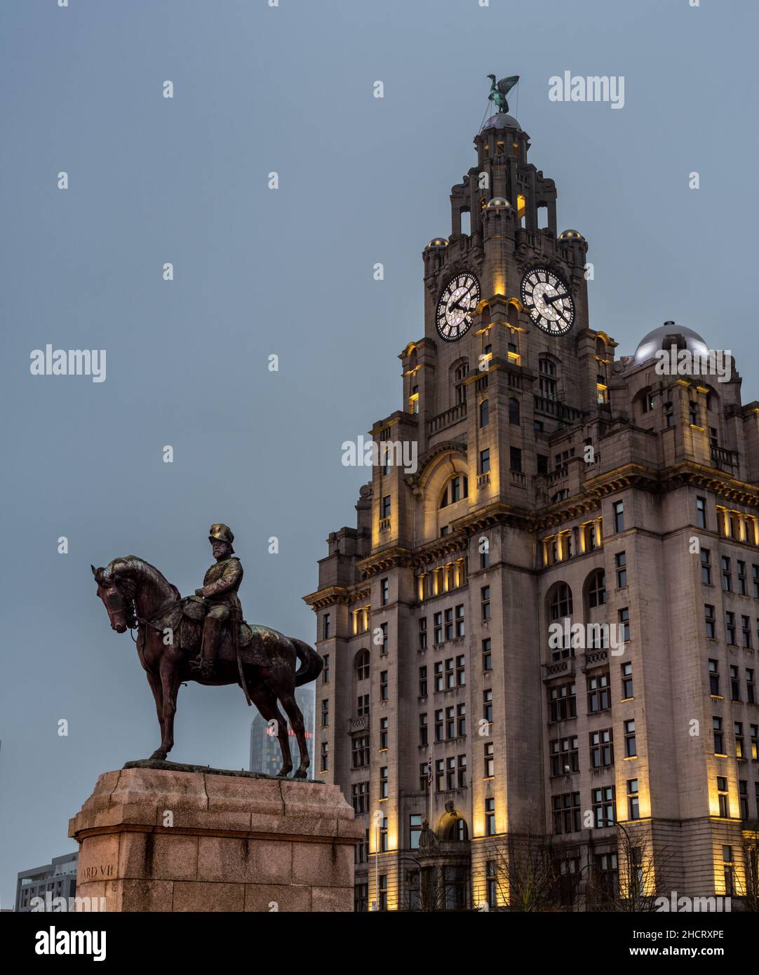 Edward VII Statue at Pier Head Liverpool - Liver Building in background ...