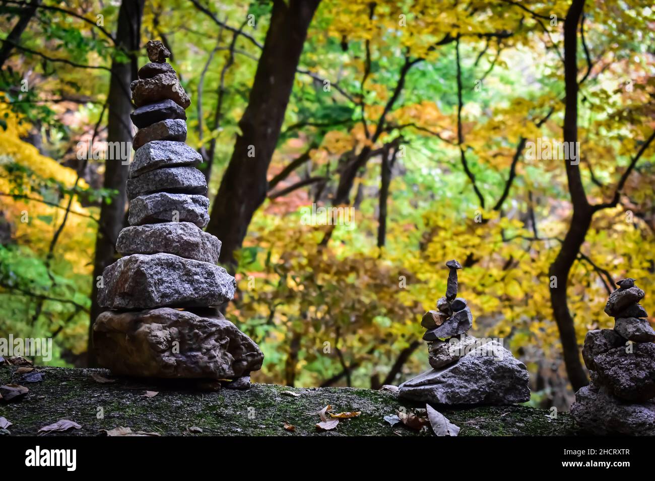 Stacked stones in front of trees changing colors from the autumn season ...