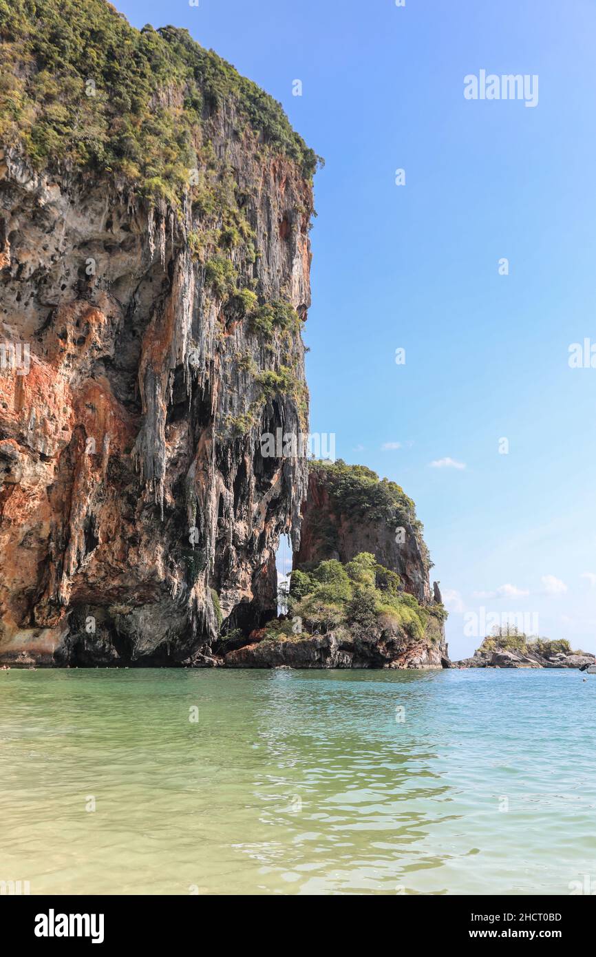 Limestone cliffs at Phra nang Cave Beach in Krabi Thailand. Krabi is a ...