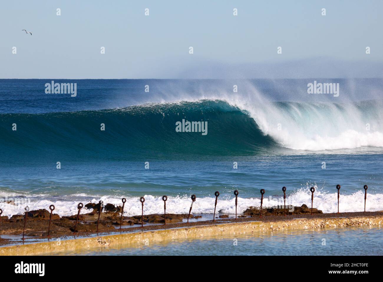 A powerful wave breaks towards Newcastle ocean baths. Newcastle is ...