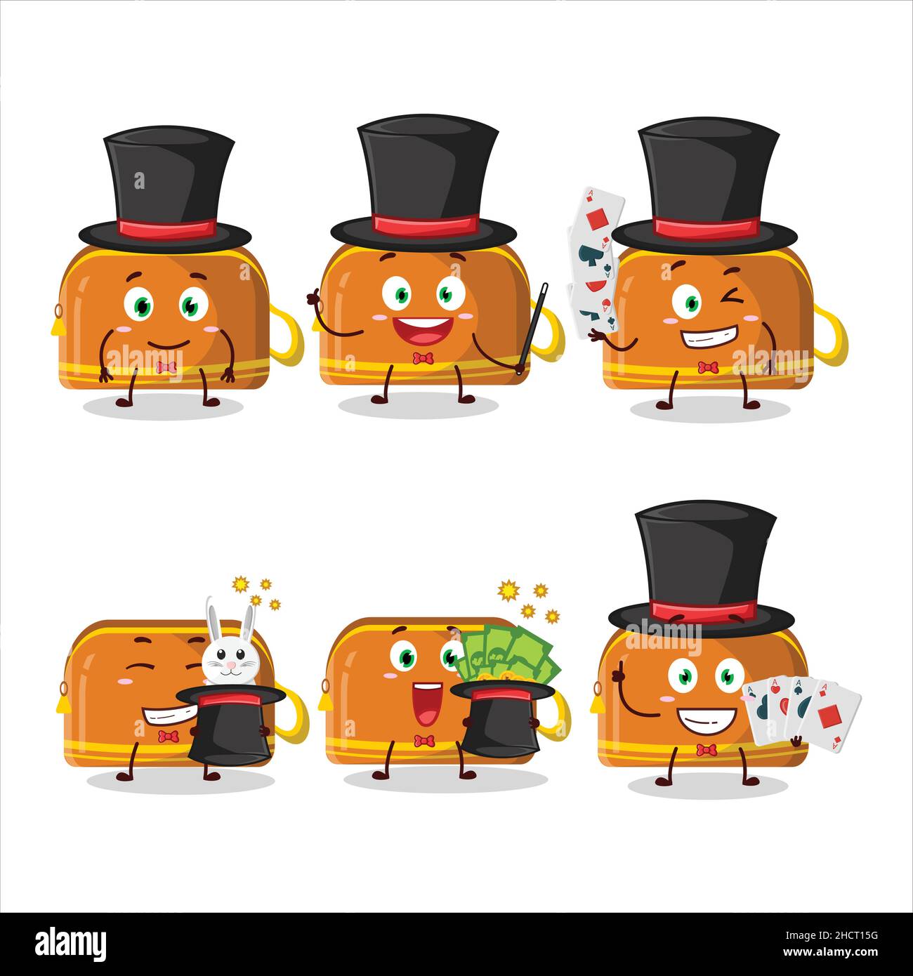 A orange pencil case Magician cartoon character perform on a stage ...