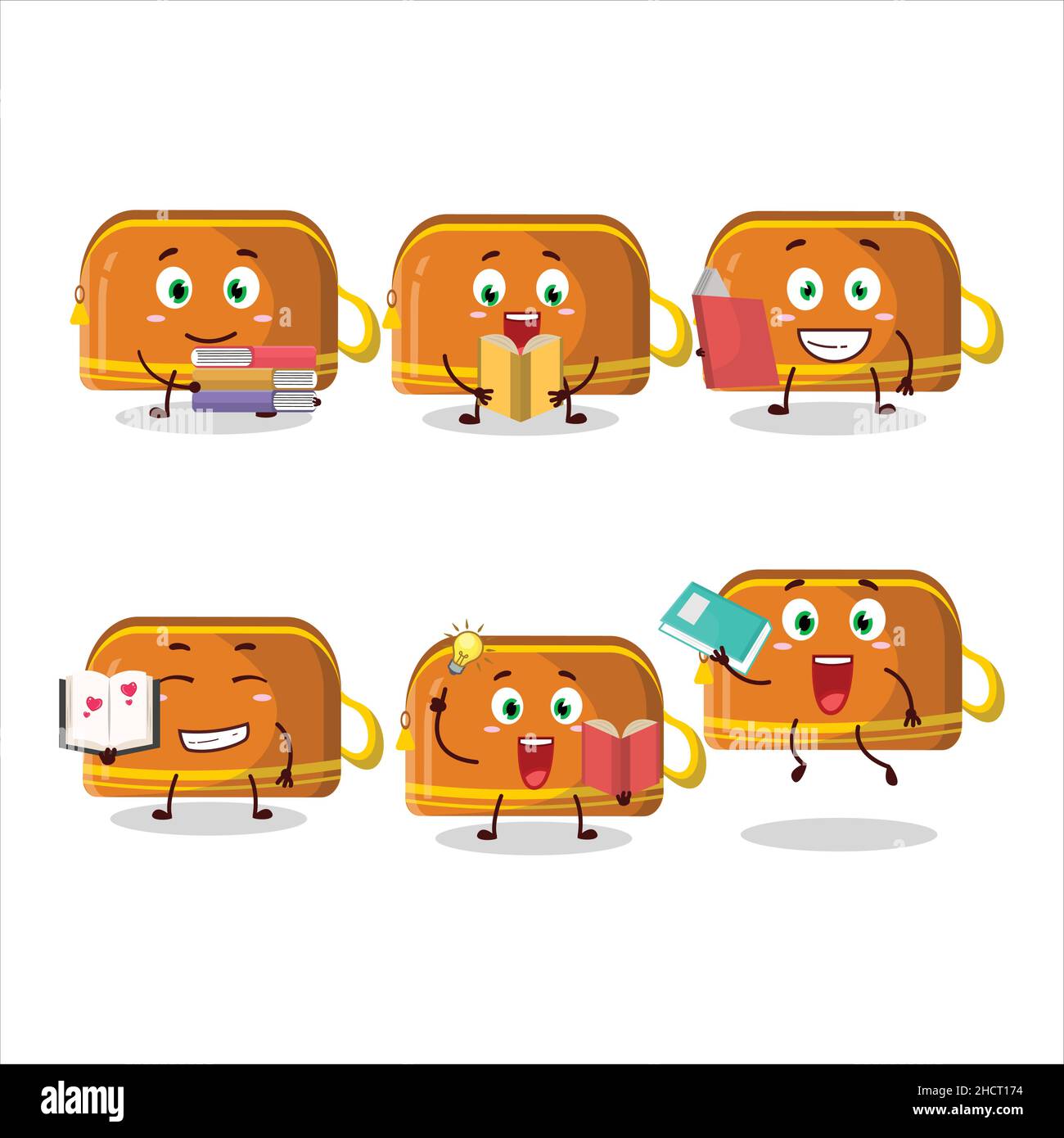 A picture of orange pencil case cartoon character concept reading an ...