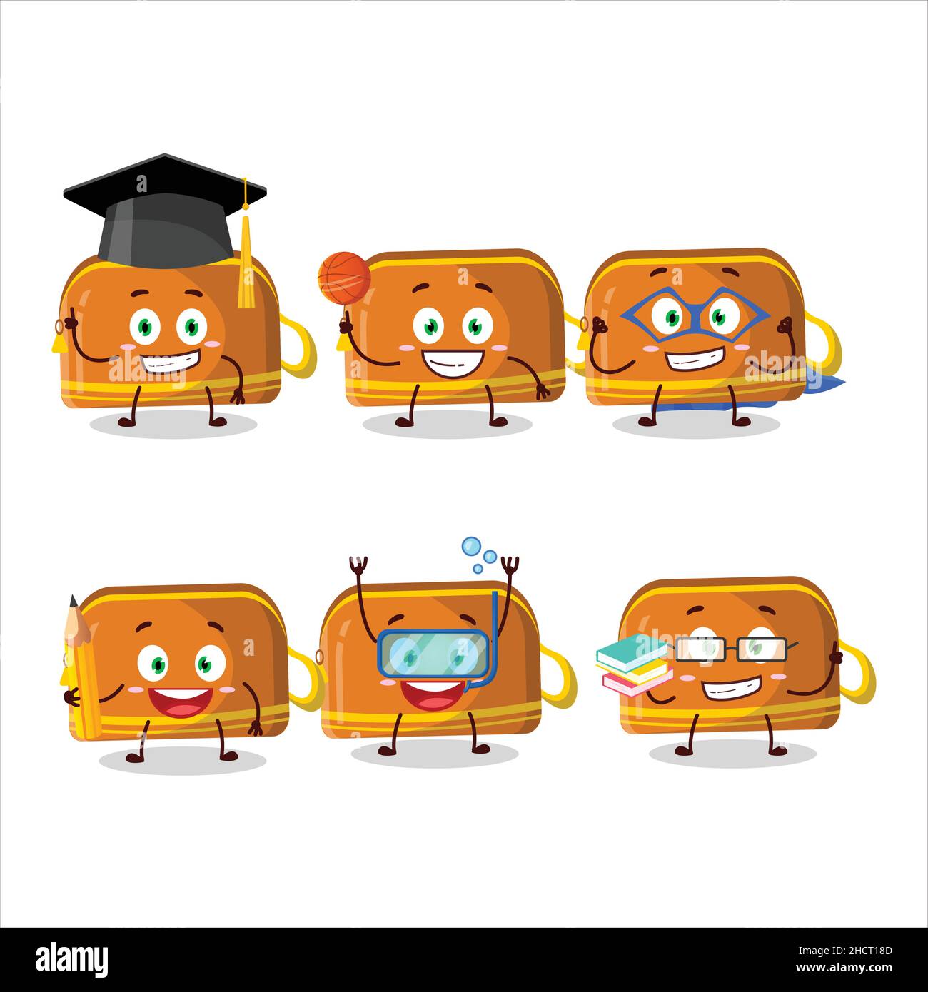 School student of orange pencil case cartoon character with various ...