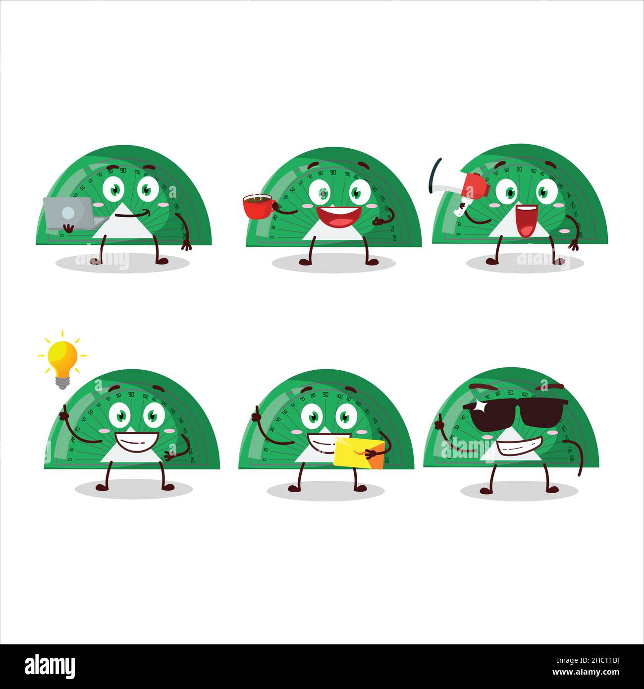 Green arc ruler cartoon character with various types of business ...