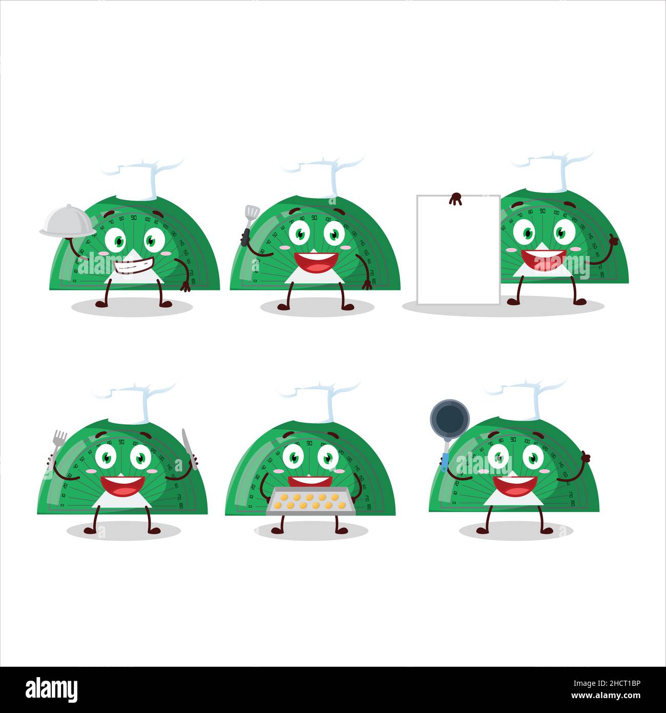 Cartoon character of green arc ruler with various chef emoticons ...