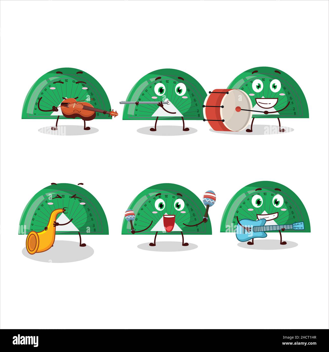 Cartoon character of green arc ruler playing some musical instruments ...