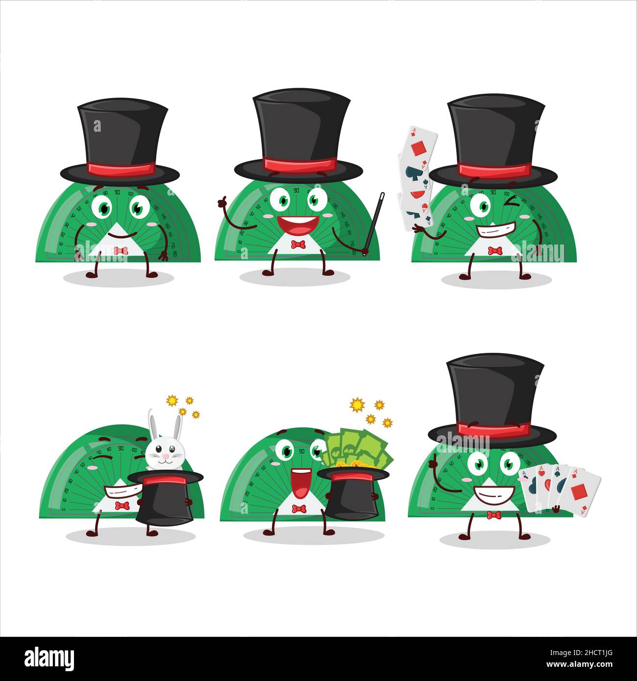 A green arc ruler Magician cartoon character perform on a stage. Vector ...