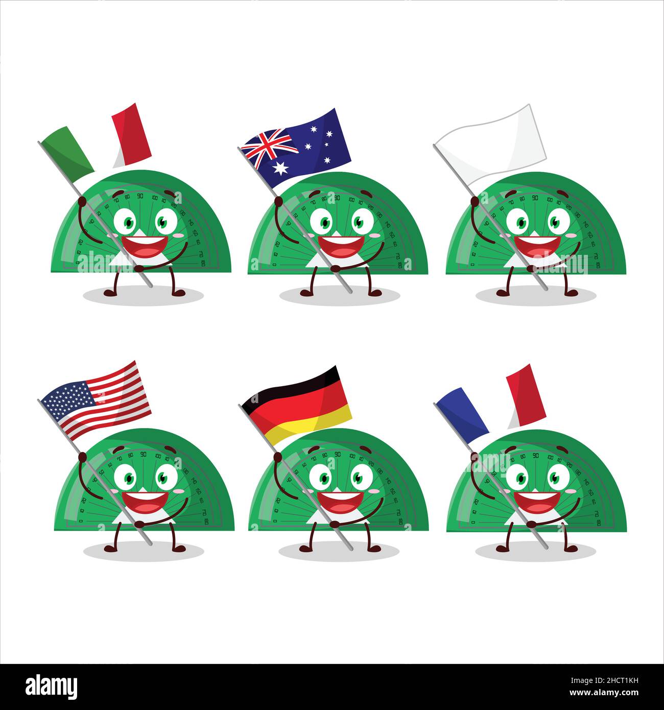 Green arc ruler cartoon character bring the flags of various countries ...
