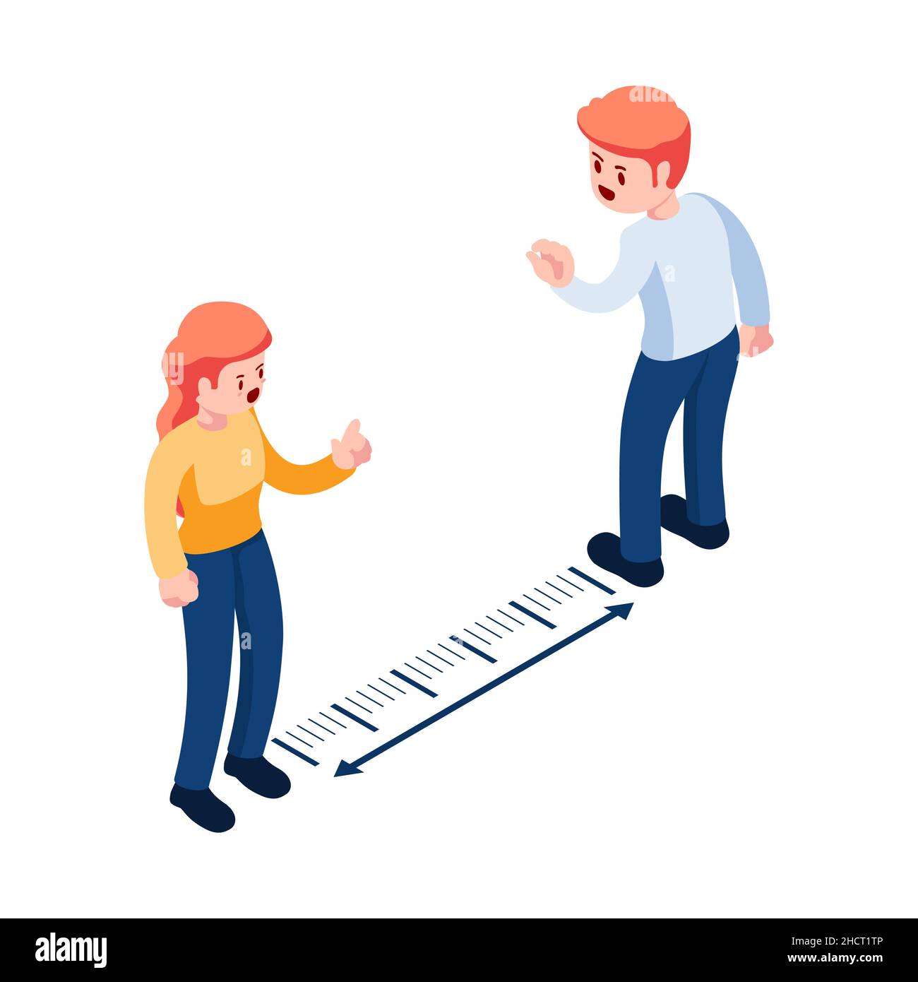 Flat 3d Isometric Man and Woman Keep Distance in Public Society. Social ...