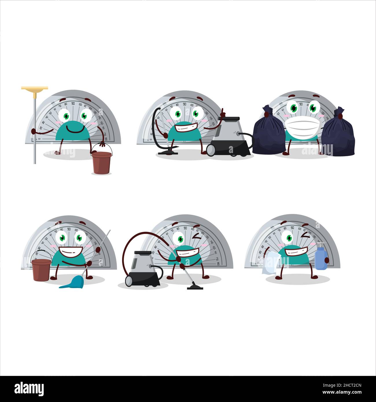 Cleaning service white arc ruler cute cartoon character using mop ...