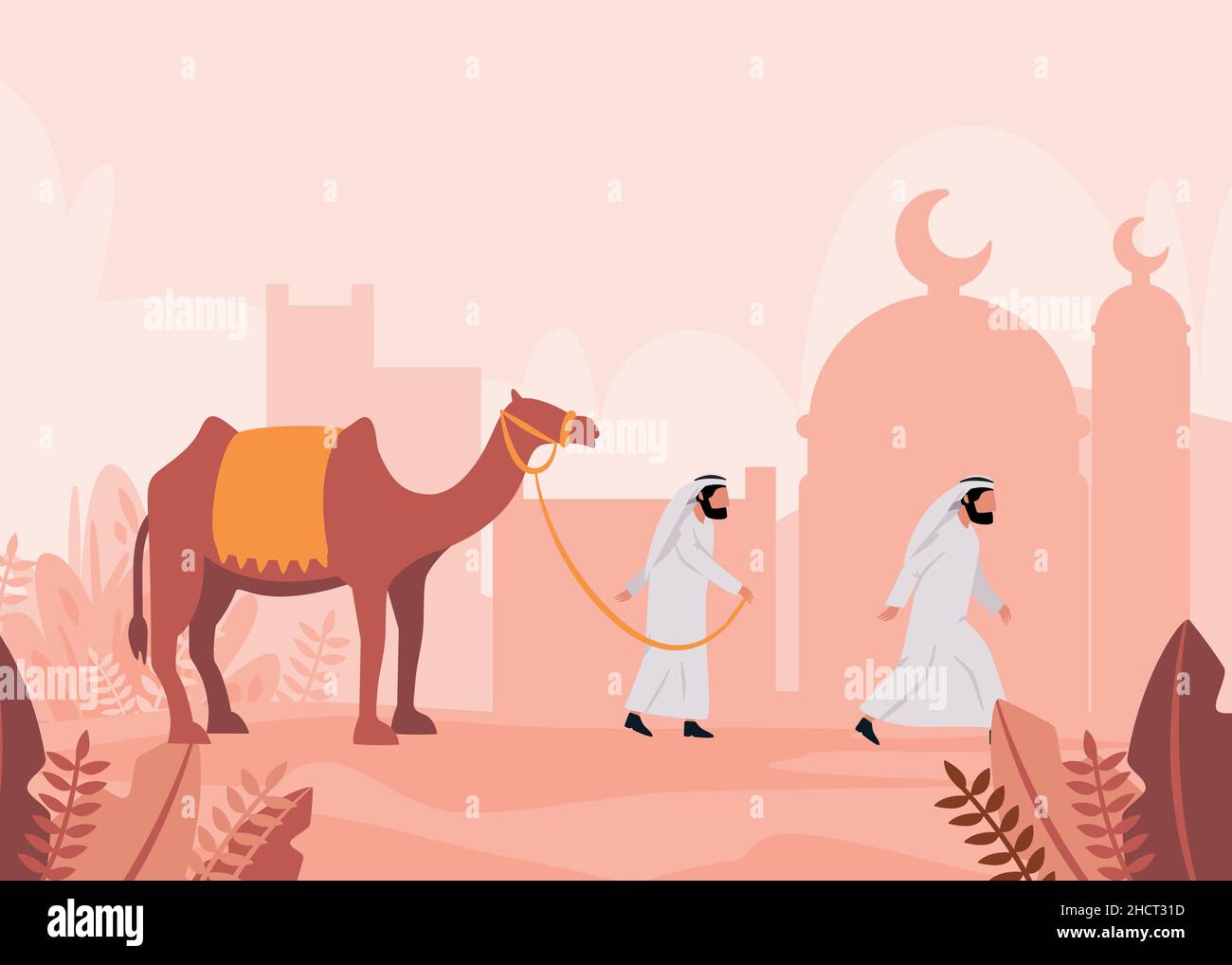 Camel in desert man Arabic cartoon travel in sahara sand muslim walking ...