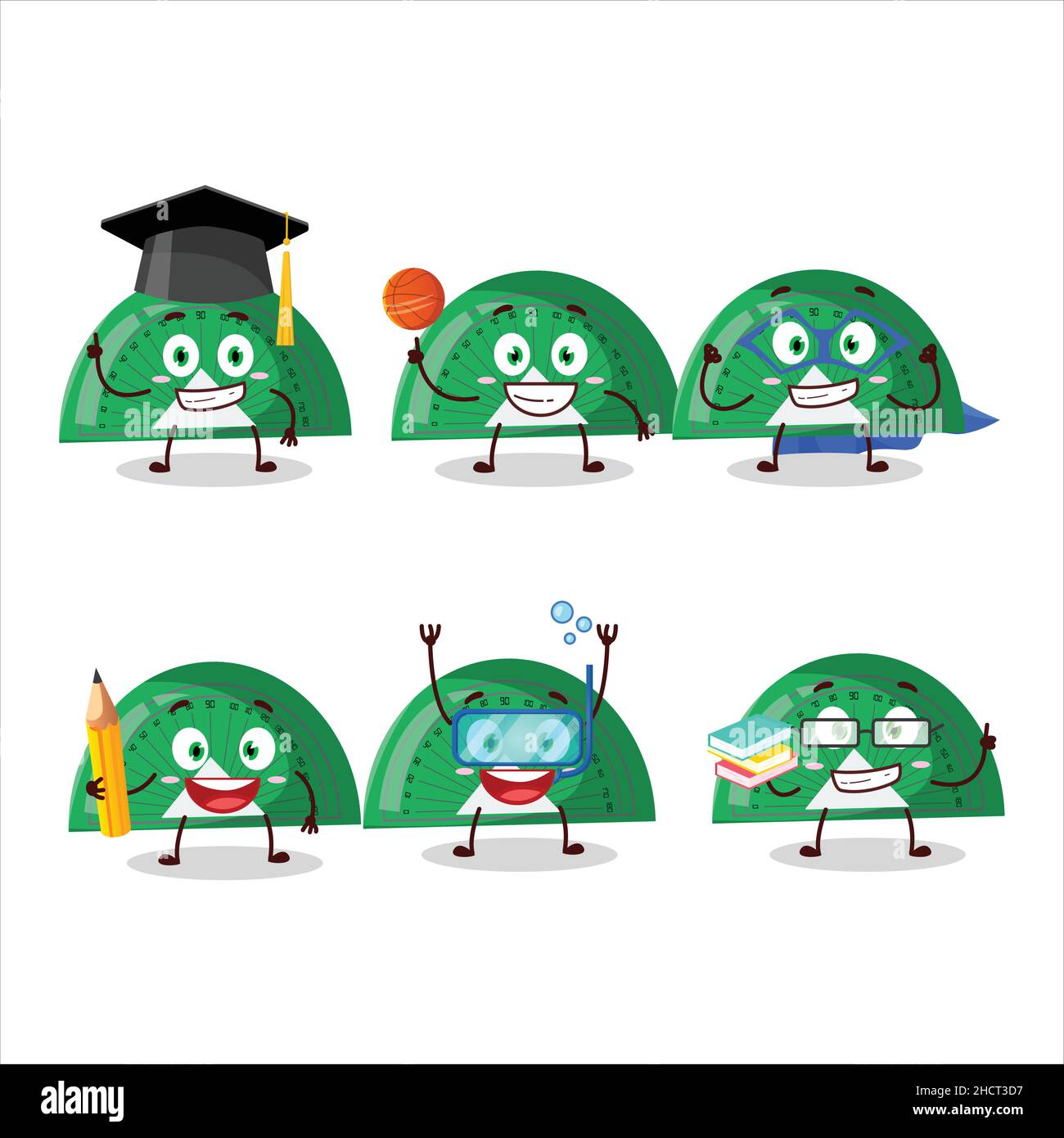 School student of green arc ruler cartoon character with various ...