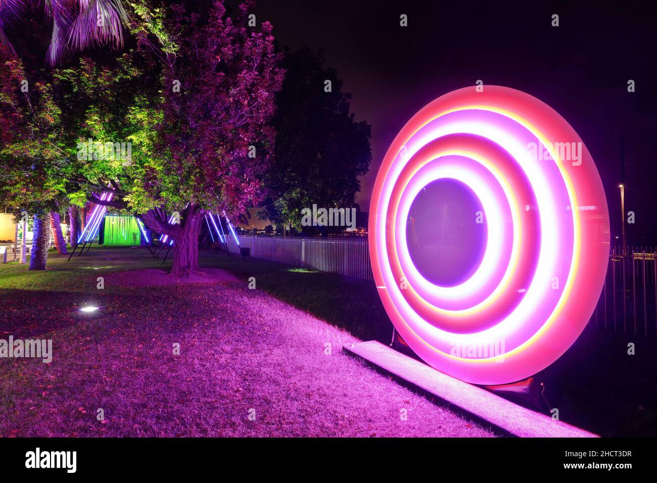 An abstract light sculpture made up of concentric circles, part of a ...