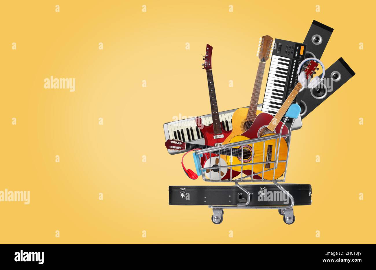 Stack pile collage of various musical instruments in shopping cart ...