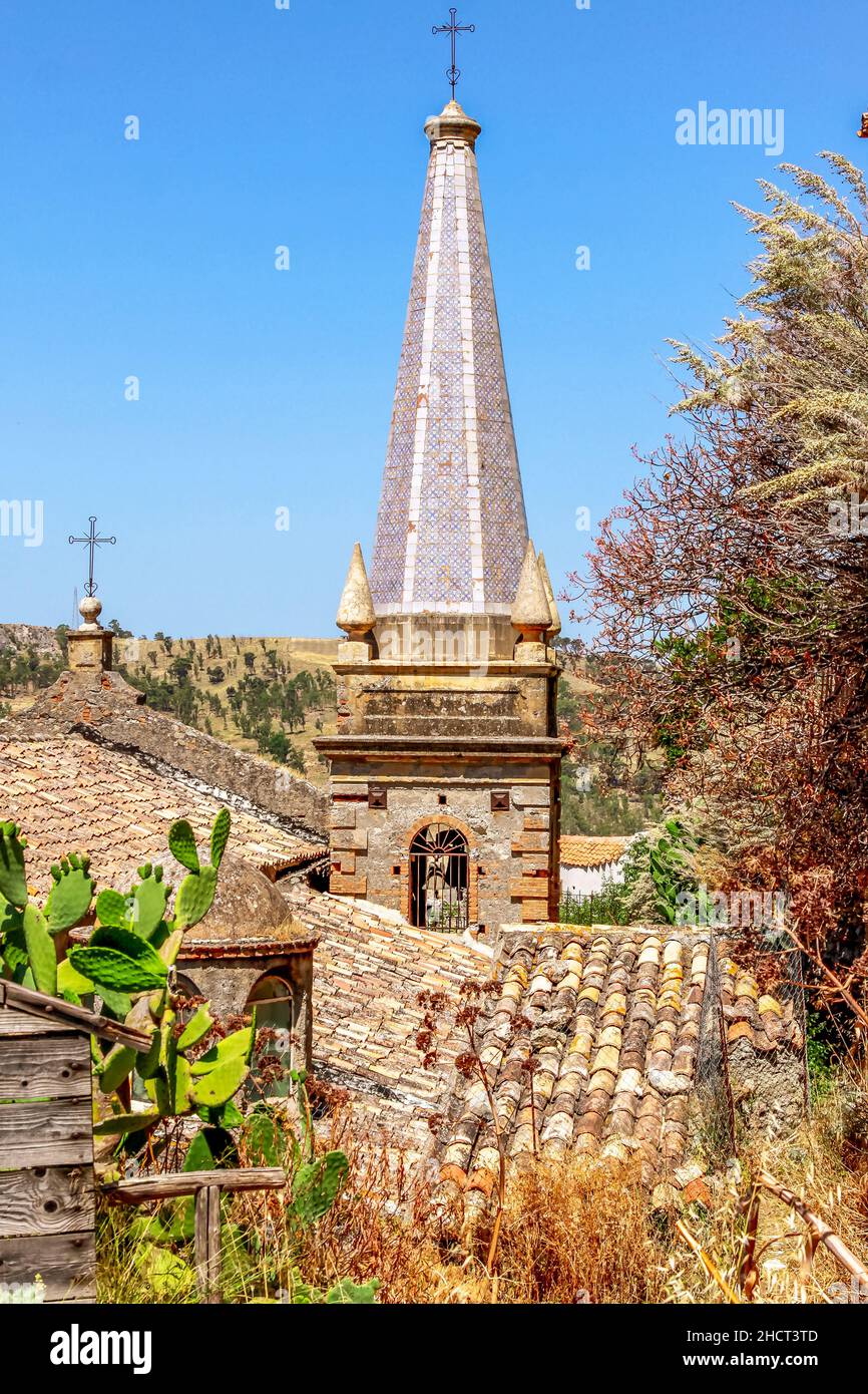 Small village of Pentedattilo, church and ruins of the abandoned ...