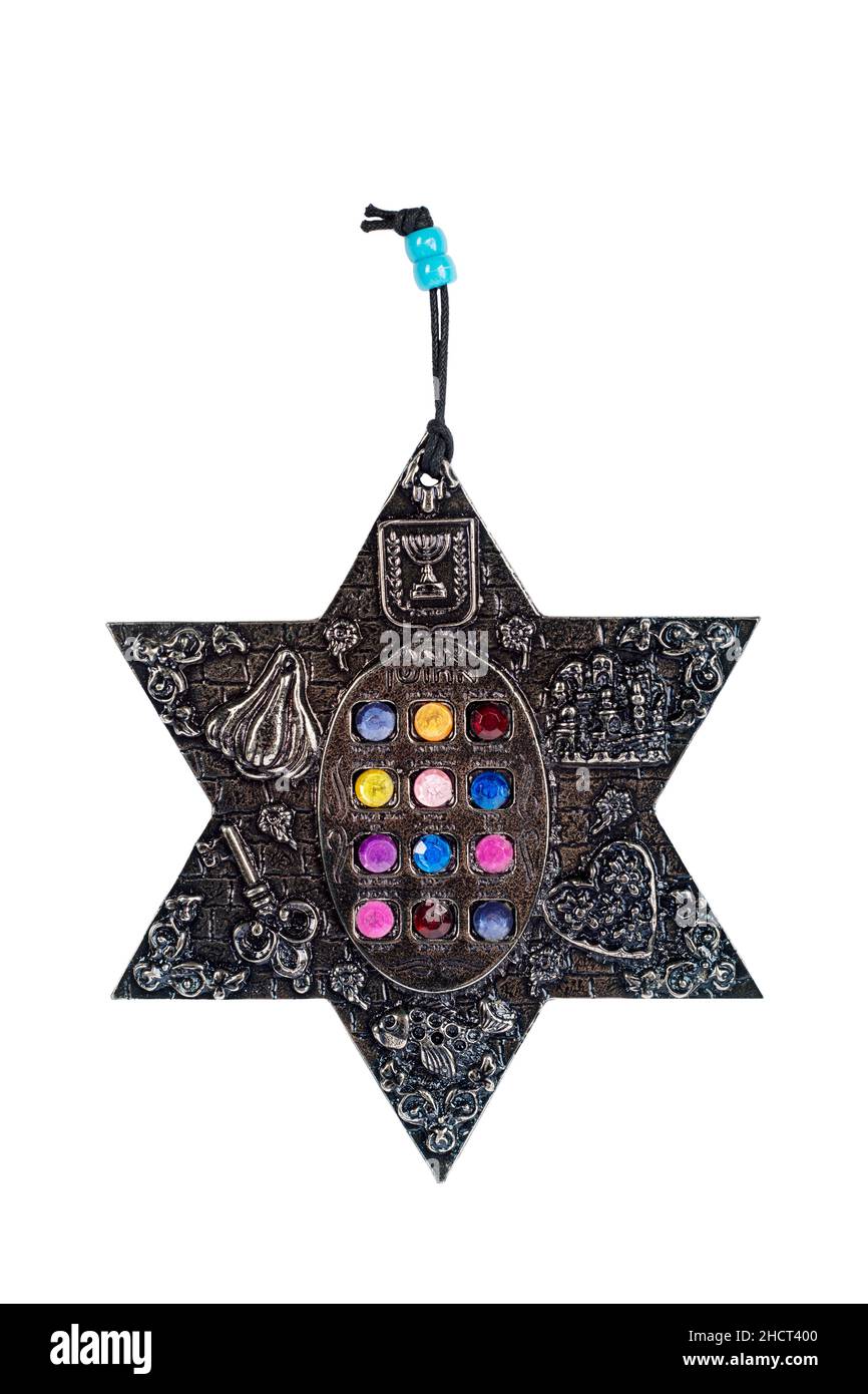 Metal silver star of David with colorful stones on white background ...