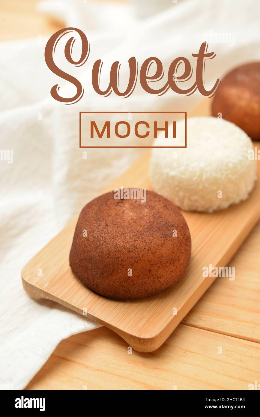 Board with tasty Japanese mochi on table Stock Photo - Alamy