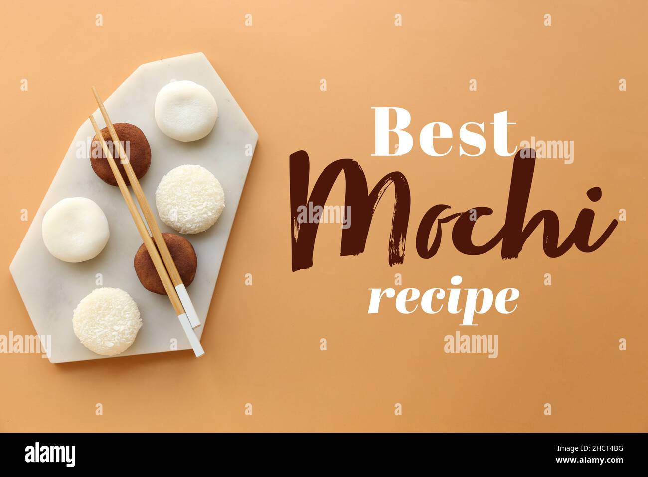 Board with tasty Japanese mochi and chopsticks on color background ...
