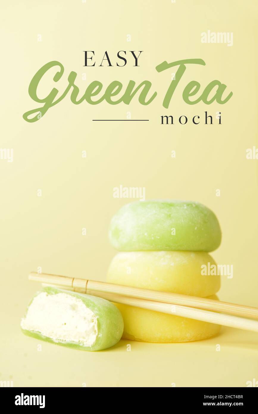 Tasty green tea mochi on color background Stock Photo - Alamy