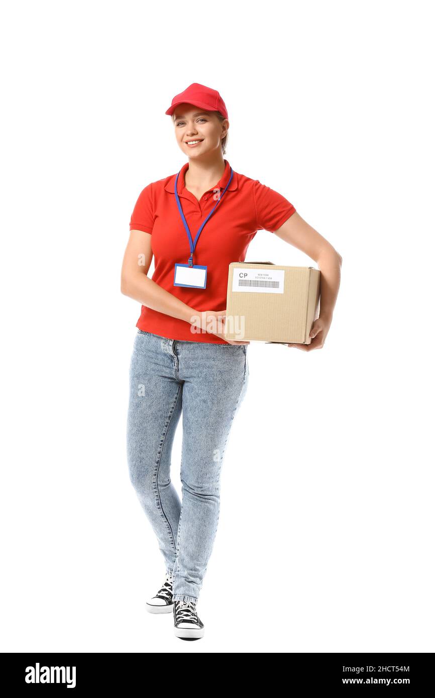 Female courier with parcel on white background Stock Photo - Alamy