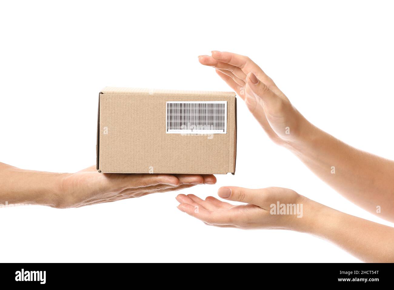 Courier giving parcel to customer on white background, view of hands ...
