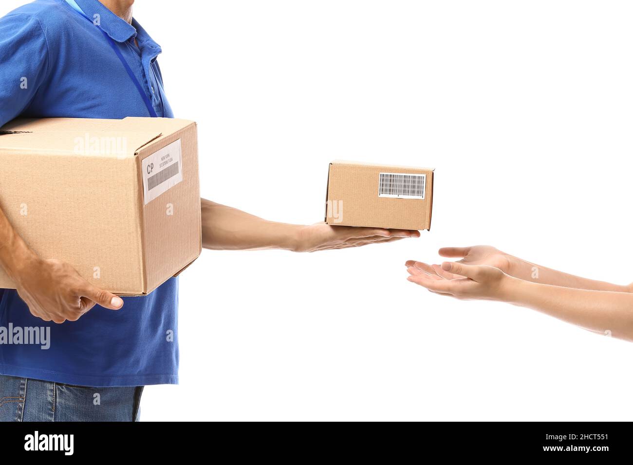 Courier giving parcel to customer on white background Stock Photo - Alamy