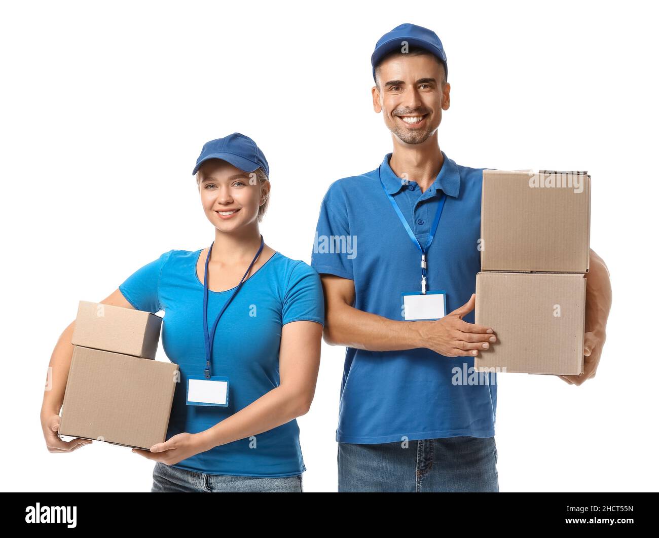 Couriers with parcels on white background Stock Photo - Alamy