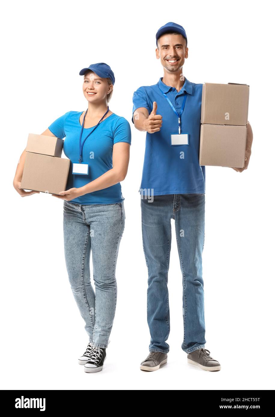 Couriers with parcels on white background Stock Photo - Alamy