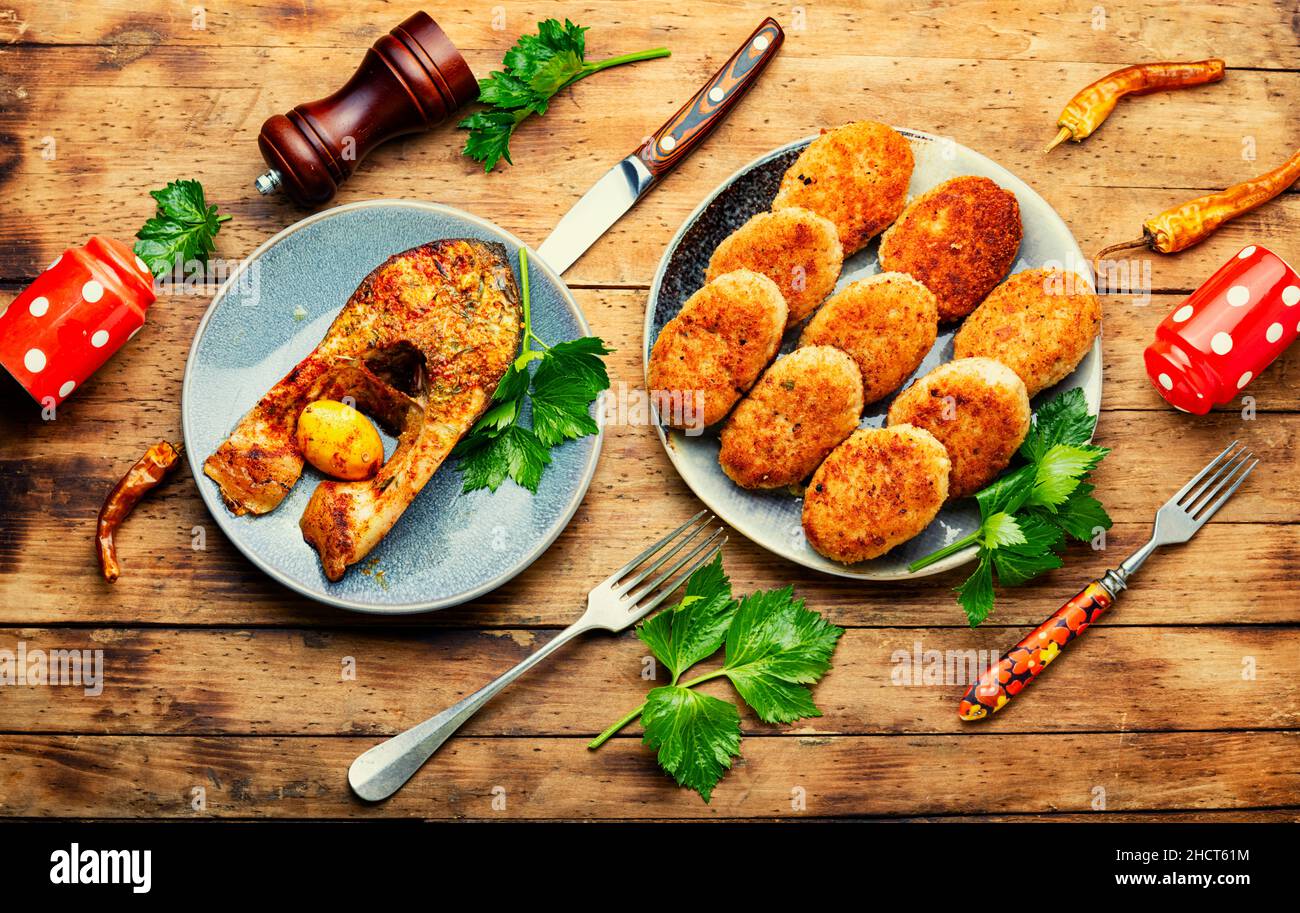 Homemade fish cutlets and tasty fish steak Stock Photo - Alamy