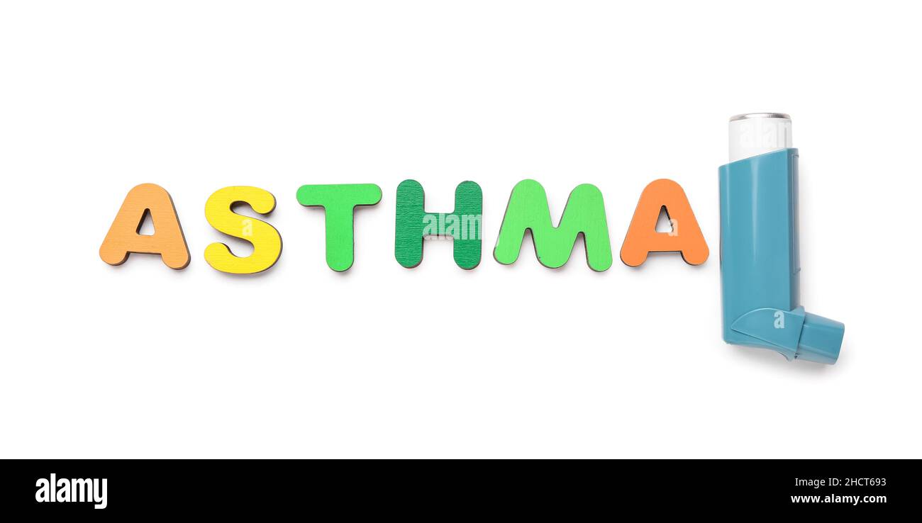 Modern inhaler and word ASTHMA on white background Stock Photo - Alamy