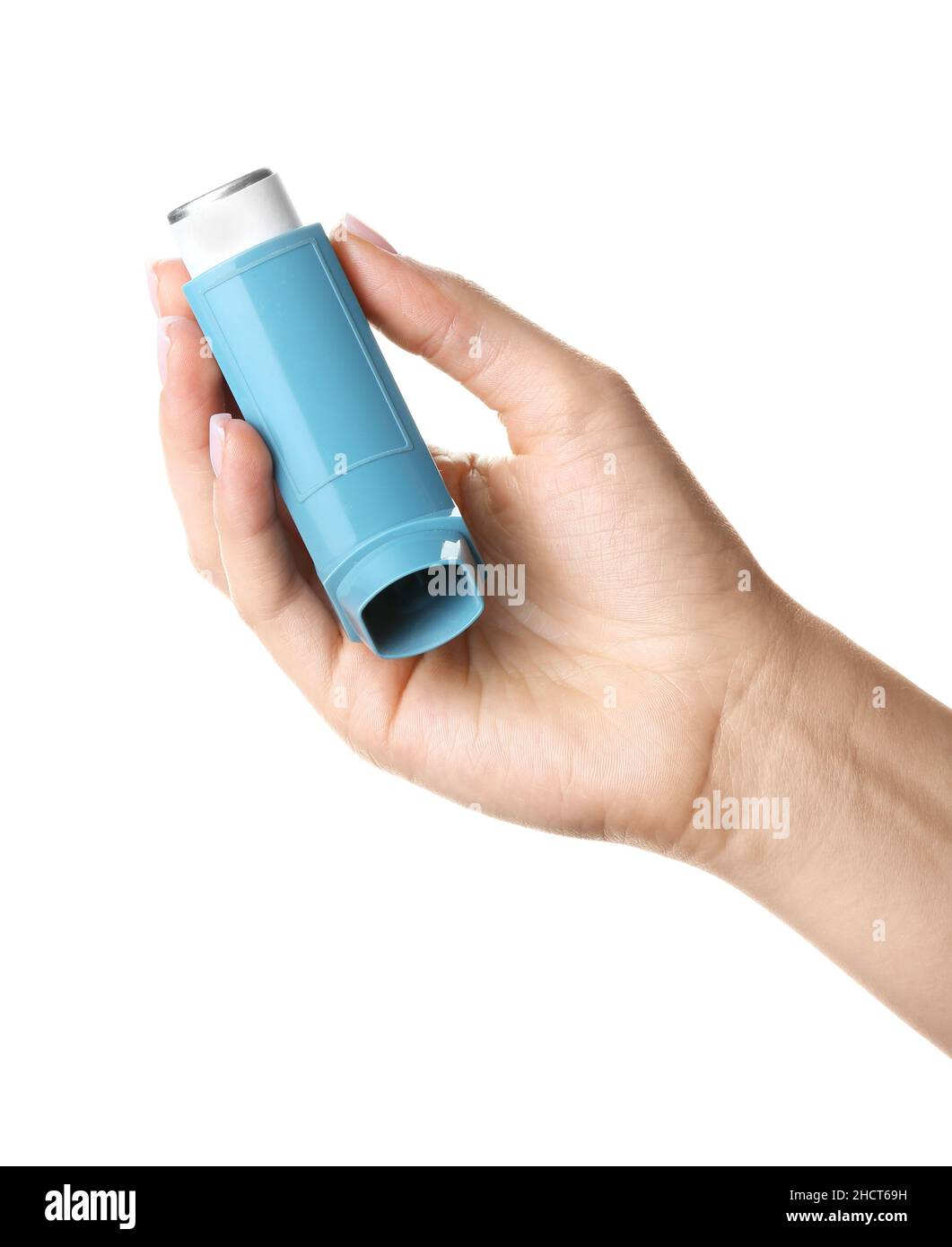 Female hand with asthma inhaler on white background Stock Photo - Alamy