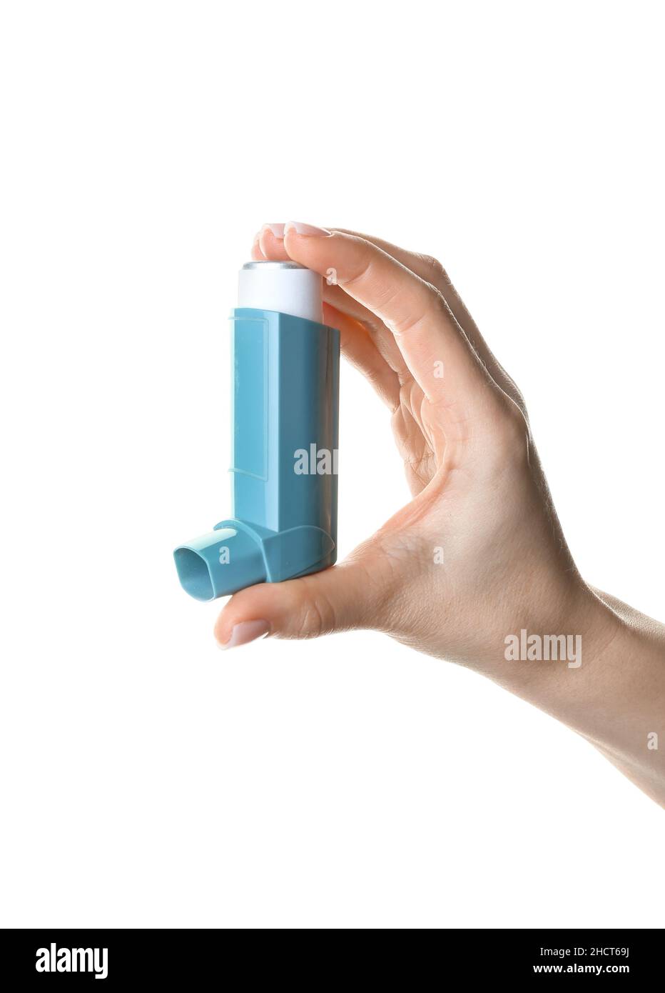 Female hand with modern asthma inhaler on white background Stock Photo ...