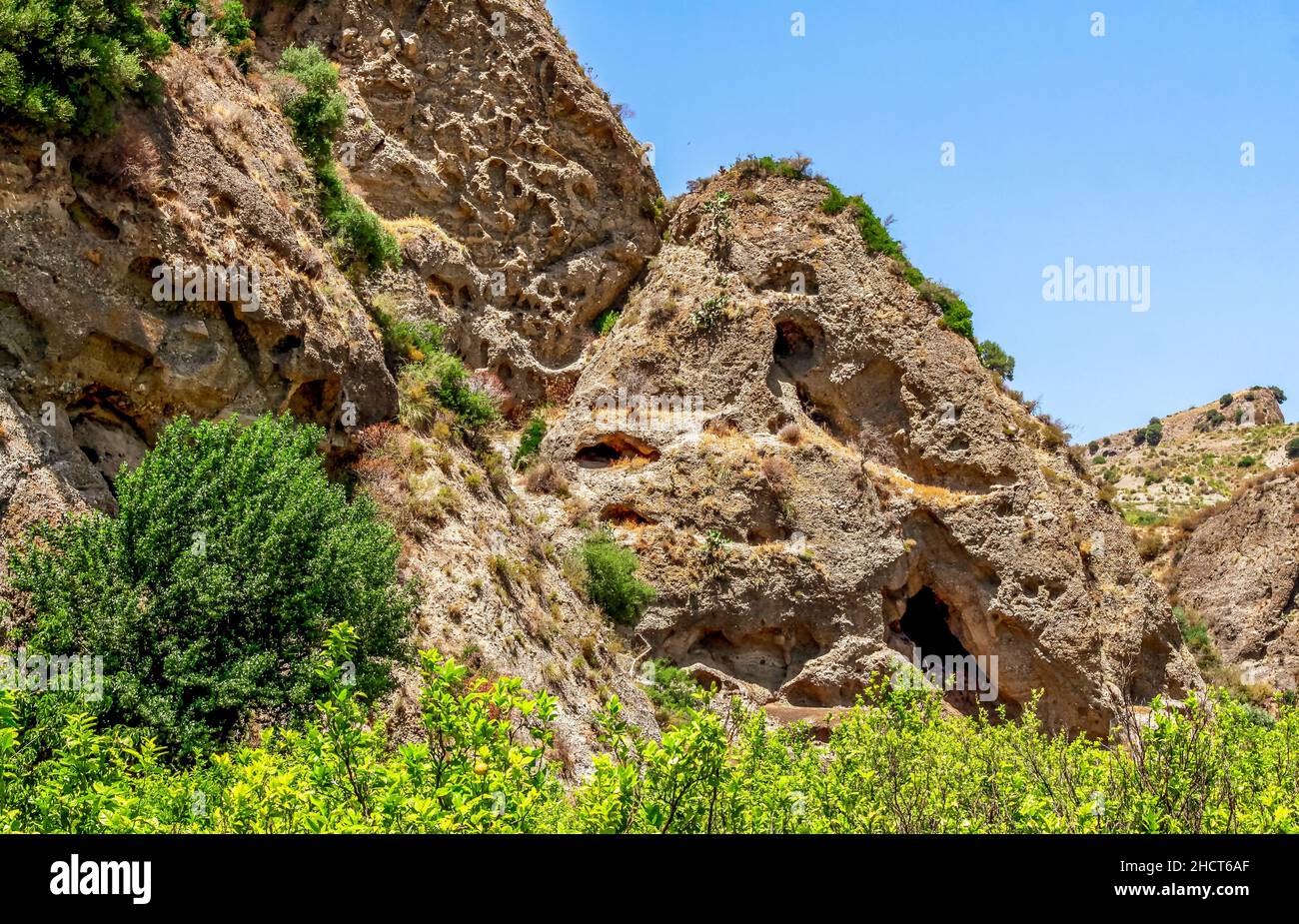 Small village of Pentedattilo, church and ruins of the abandoned ...