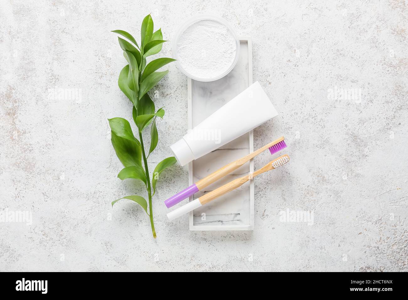 Bamboo tooth brushes, paste, powder and plant branch on grunge ...