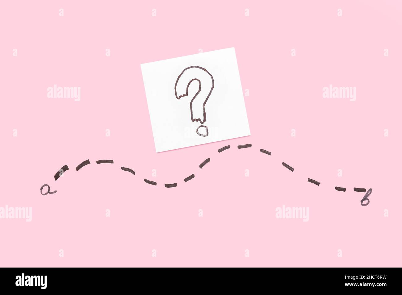 Sticky note with question mark and drawn dashed line on pink background ...