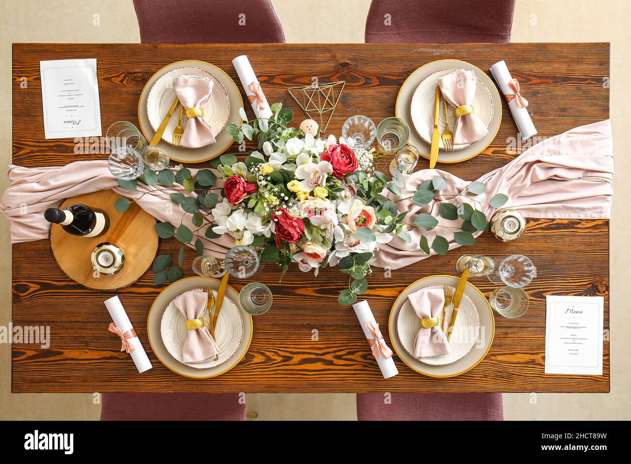 Beautiful table setting with wedding invitations, top view Stock Photo ...